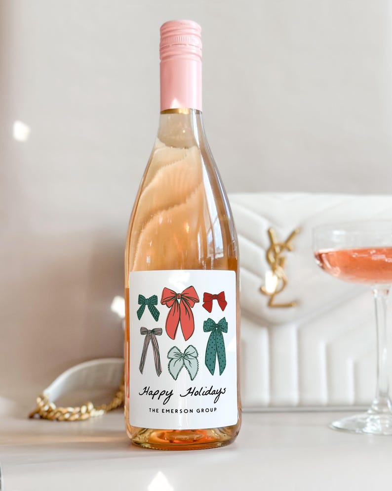 Bow Christmas Wine Labels - Unique Christmas Gift, Custom Liquor Labels ...