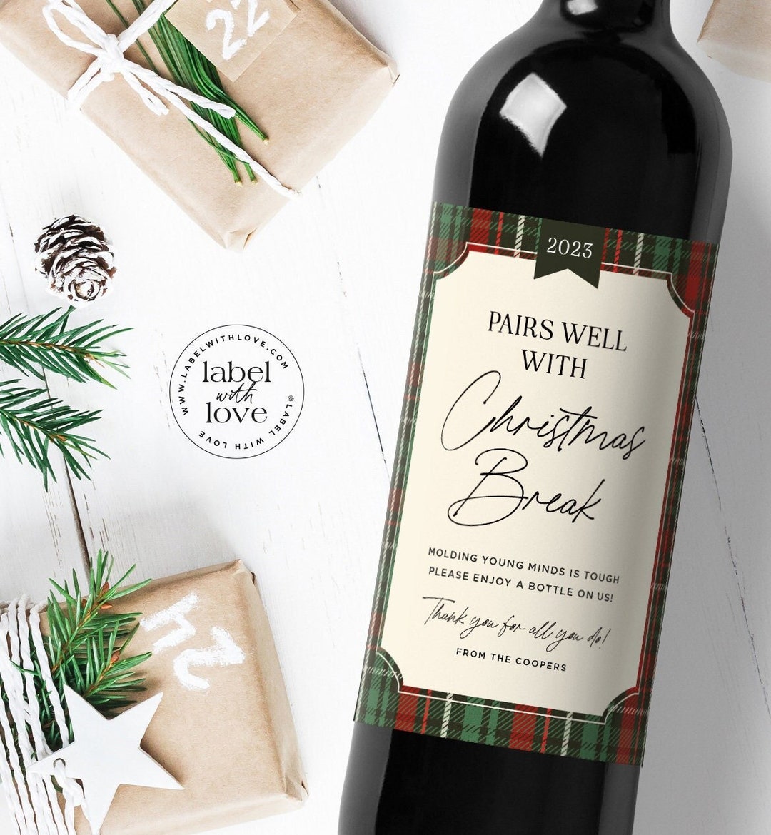 Teacher Christmas Gift Custom Wine Label Plaid Christmas Wine Label for ...