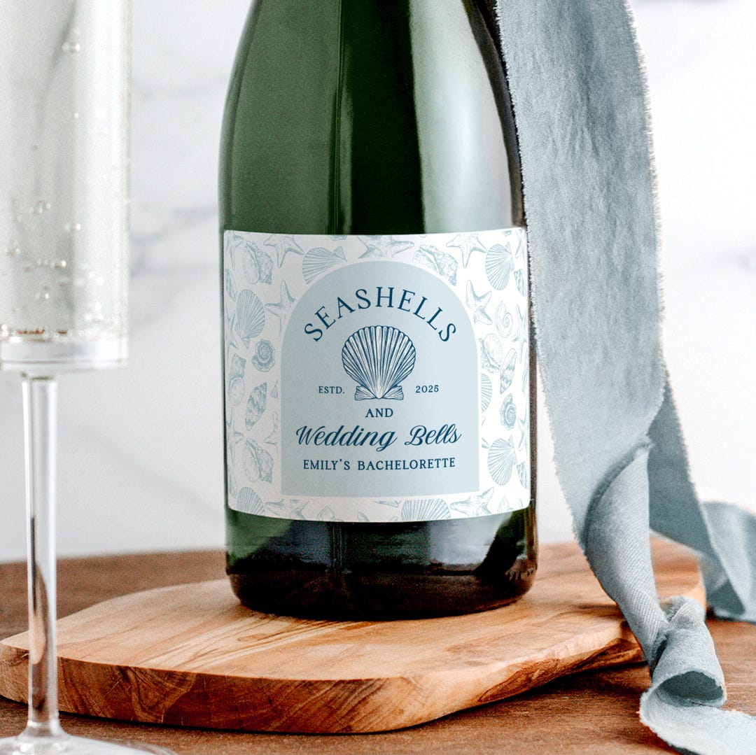 Seashells and Wedding Bells Champagne and Prosecco Labels, Coastal ...
