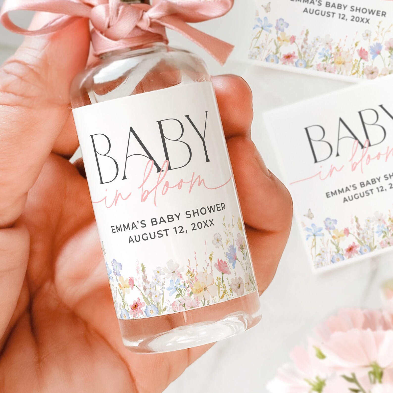 Baby Shower Shot Bottle Label - Baby in Bloom Mini Liquor Label ...