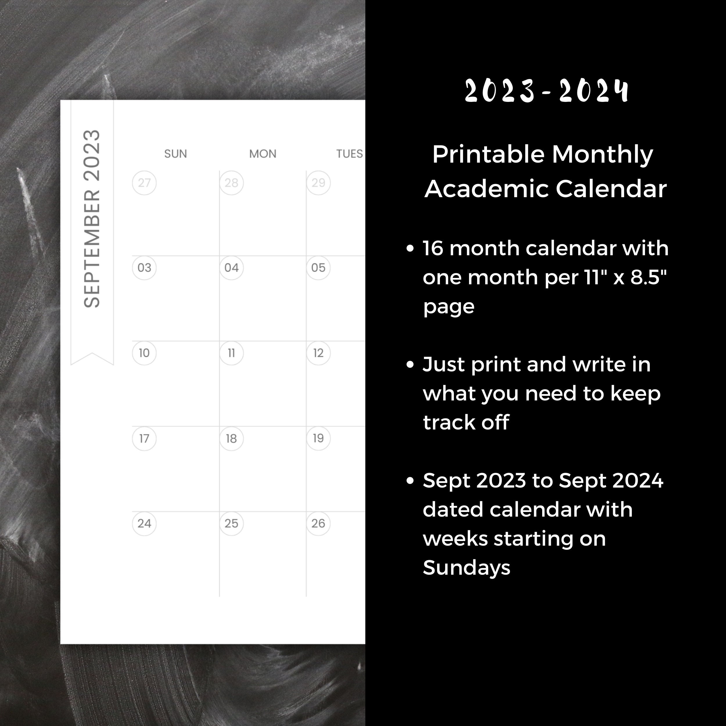 2023-2024 Printable 12-month Academic Calendar September Start - Etsy
