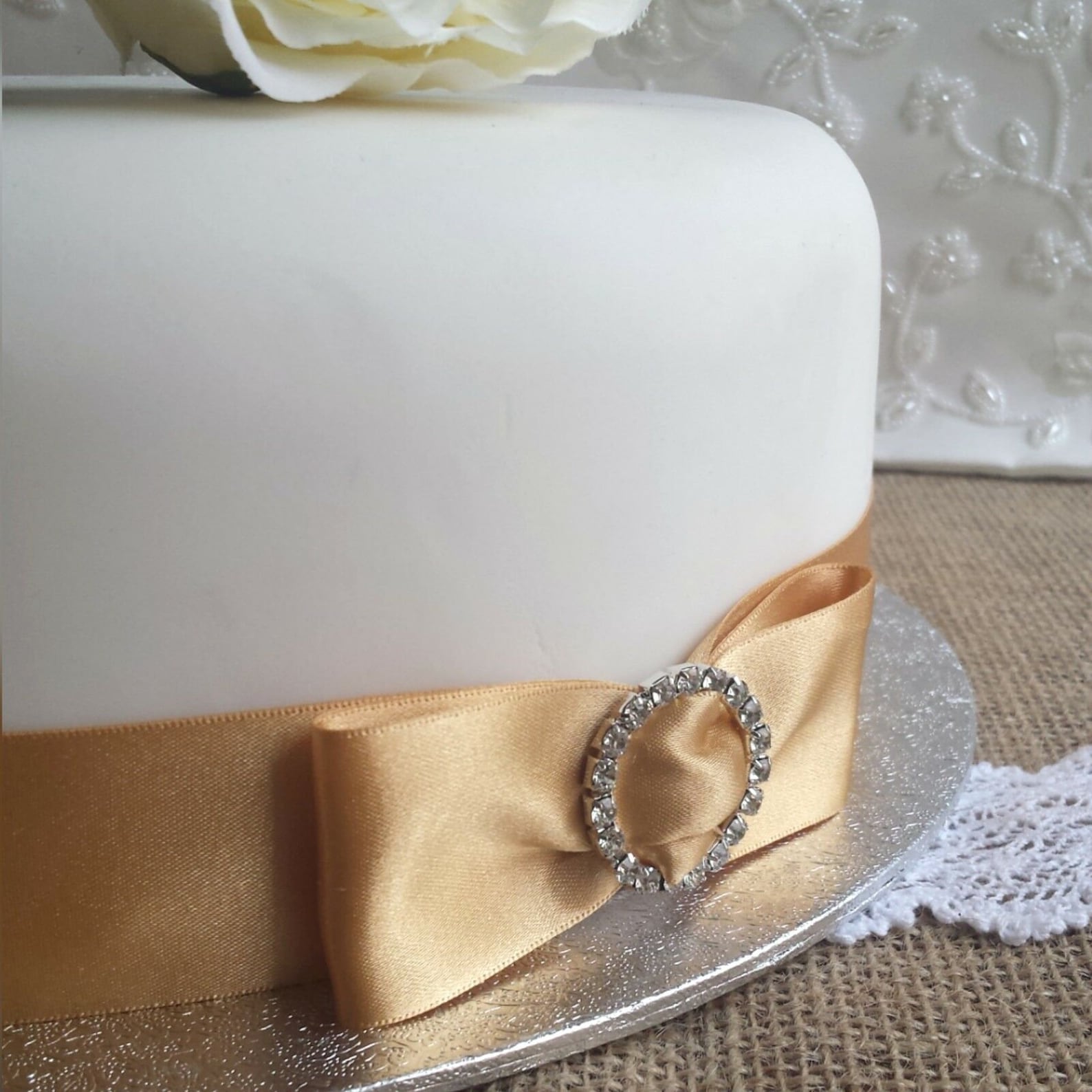 Satin Bow & Diamante Buckle Ribbon Cake Decoration, Rose Gold, Ivory ...