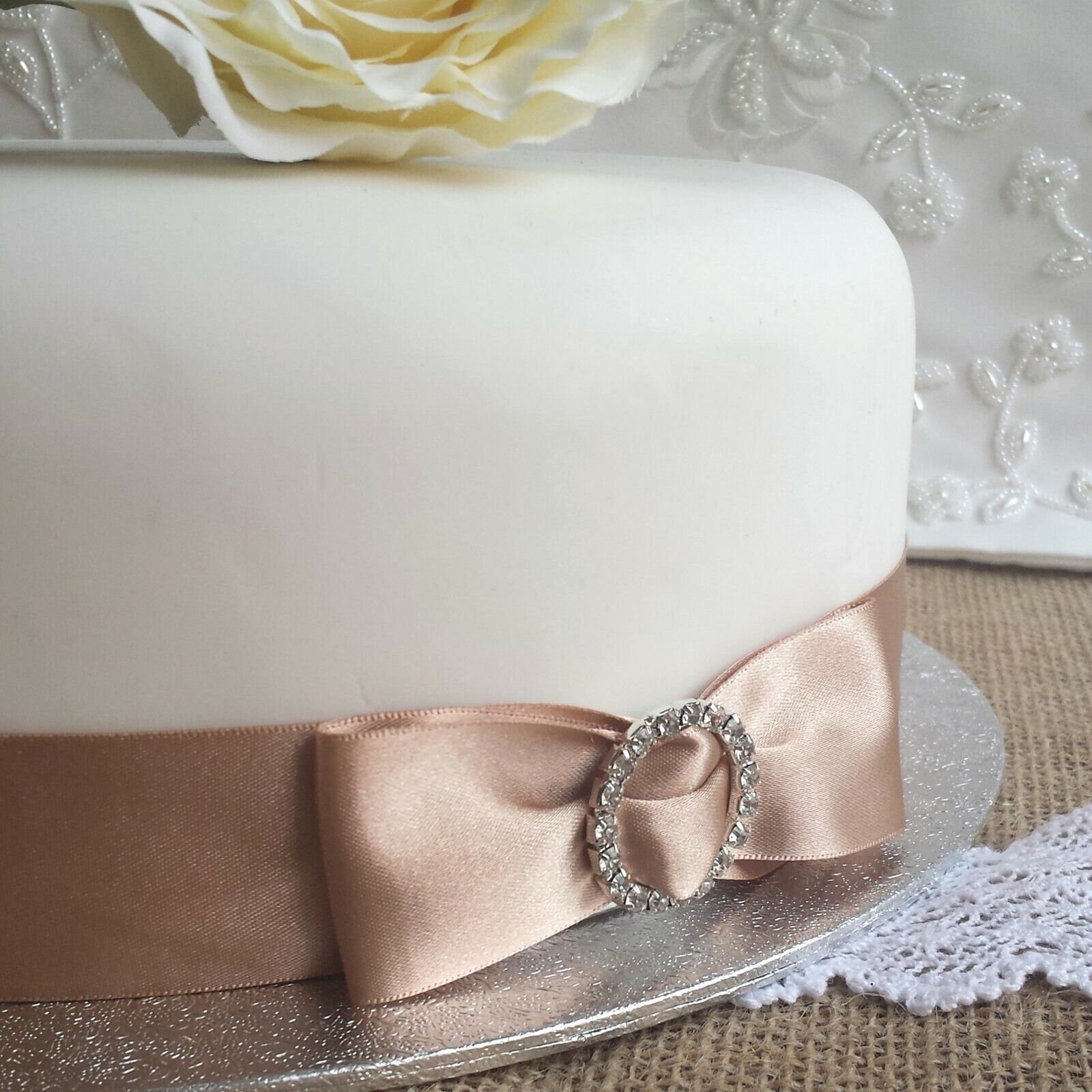 Satin Bow & Diamante Buckle Ribbon Cake Decoration, Rose Gold, Ivory ...