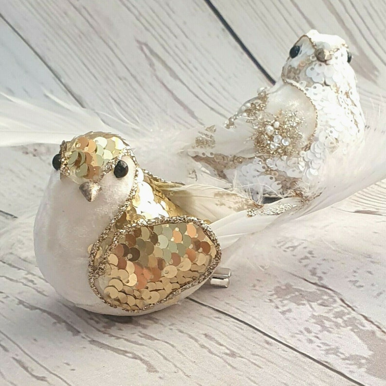 White & Gold Christmas Birds. Velvet, Sequins, Beaded, Tree Decoration ...