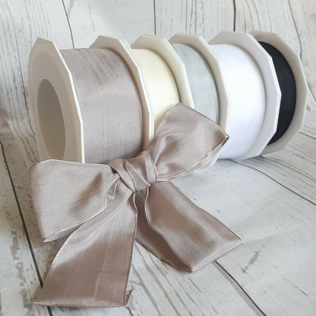 15,25,40mm Wired Faux Silk Ribbon Taupe Grey Black White Neutral Silky ...
