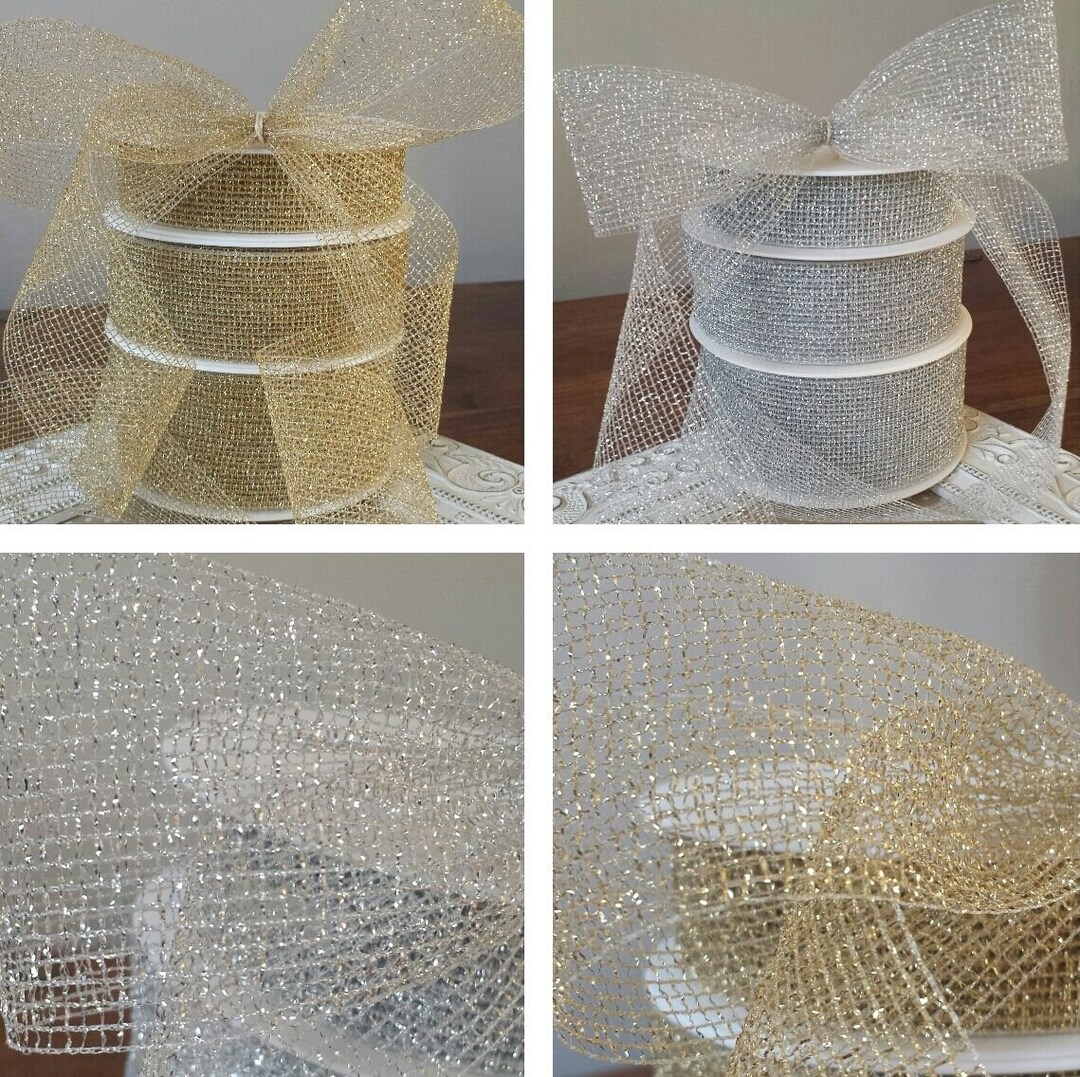 15 / 25 / 38 / 50mm Gold Silver Mesh Ribbon. Net, Webbing, Christmas ...