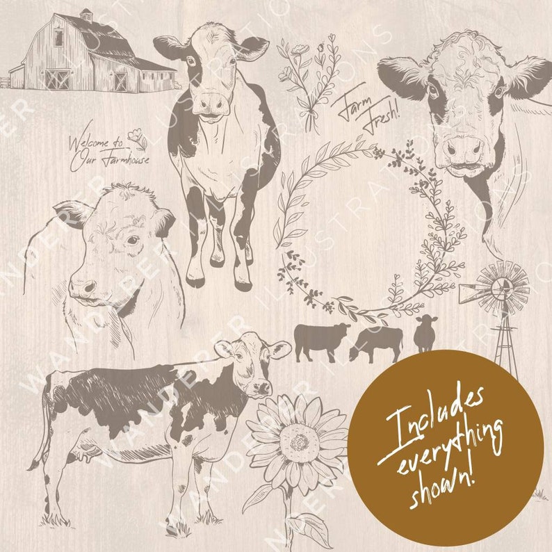 Hand Drawn Cow Clipart Vintage Cow Prints Farmhouse Decor - Etsy