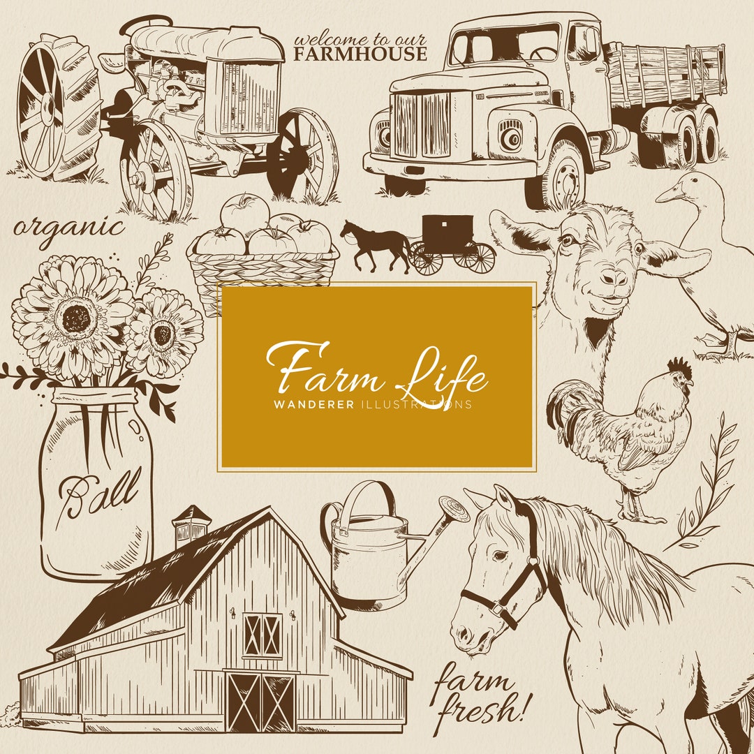 Hand Drawn Farm Life Clipart, Farmhouse Decor Vector Images, Tractor ...