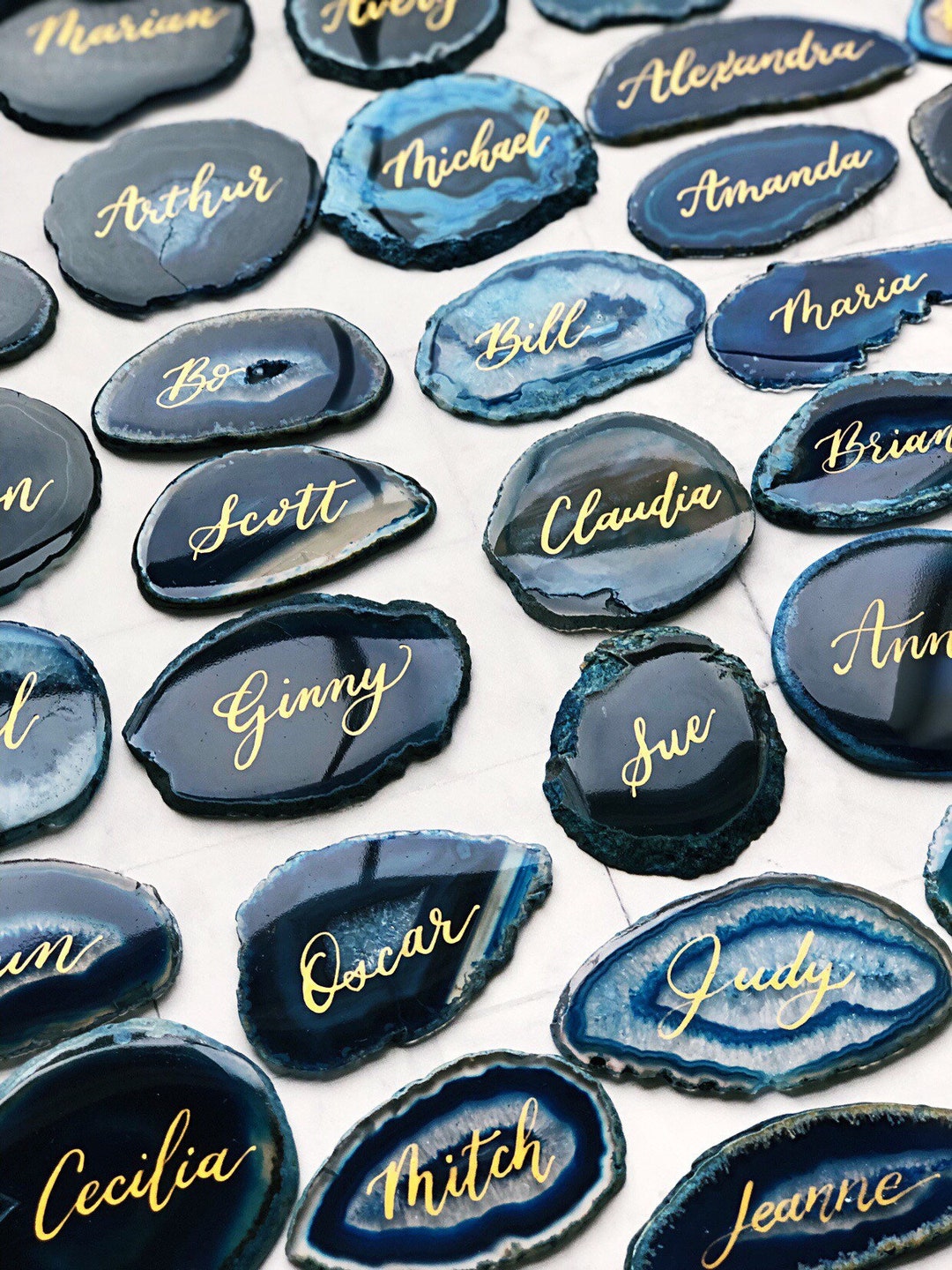 3 - 3.5" EXTRA LARGE Blue Agate Slice Calligraphy Name Place Cards ...