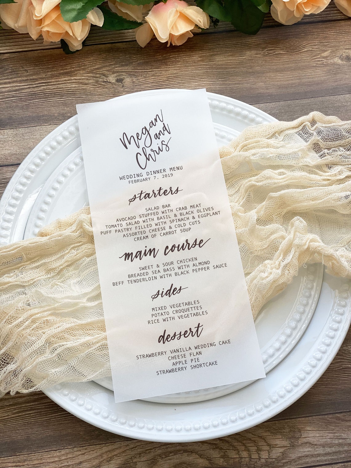 Vellum Wedding Menu Vellum Wedding Menu With Meal Choice Wax | Etsy