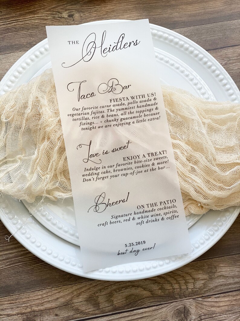 Vellum Wedding Menu Vellum Wedding Menu With Meal Choice Wax | Etsy