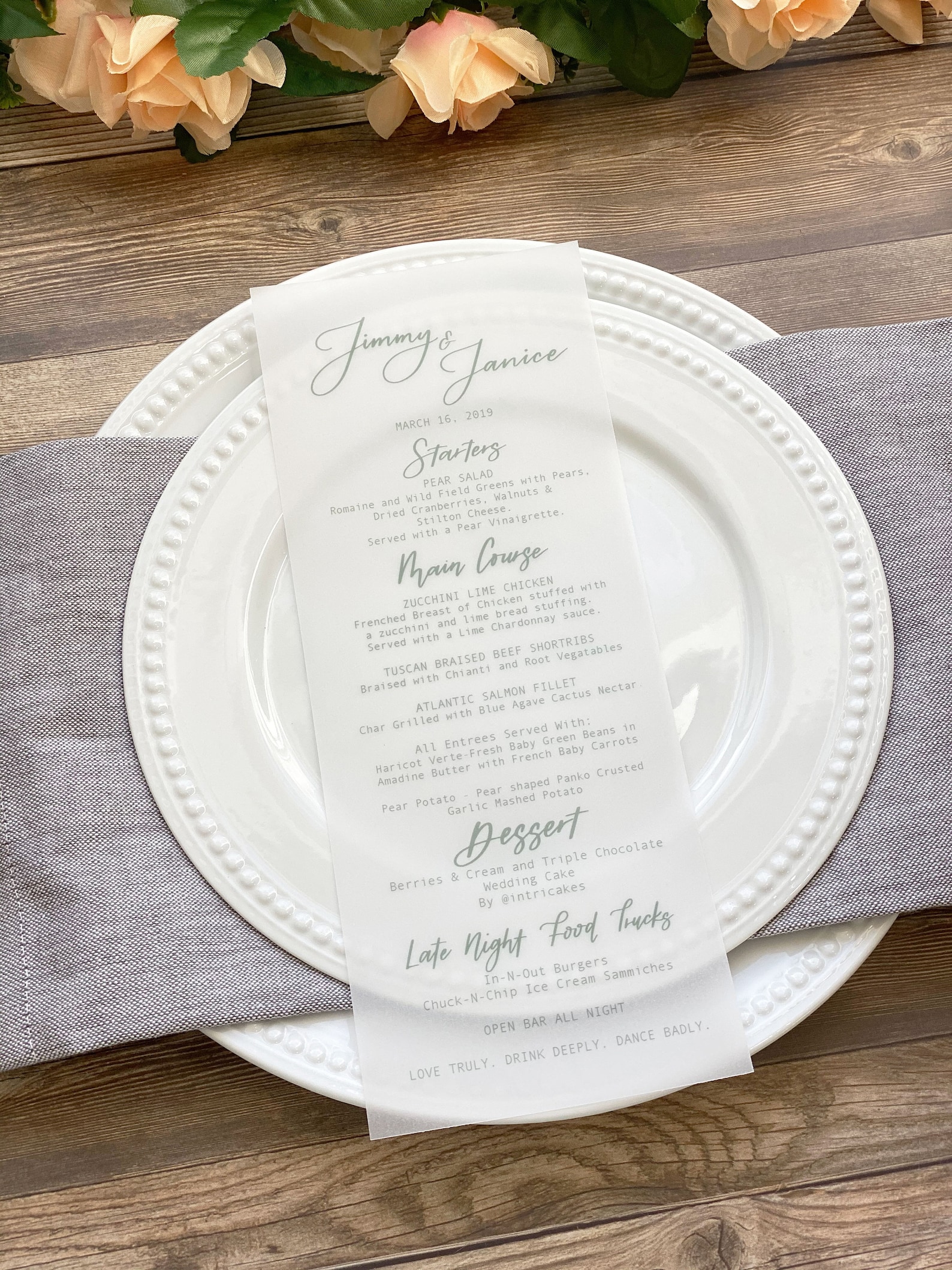 Vellum Wedding Menu Vellum Wedding Menu With Meal Choice Wax | Etsy