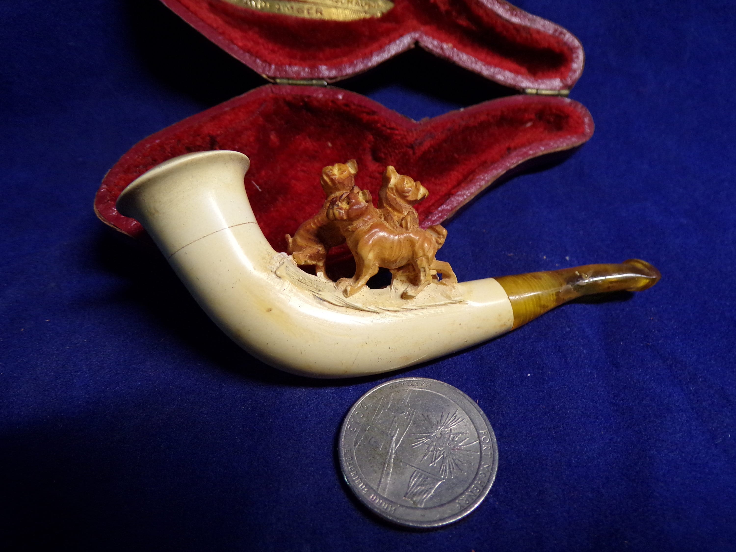 Vintage CHEROOT MEERSCHAUM PIPE 3 Pug (bull) Dogs With Amber Stem, Tags ...