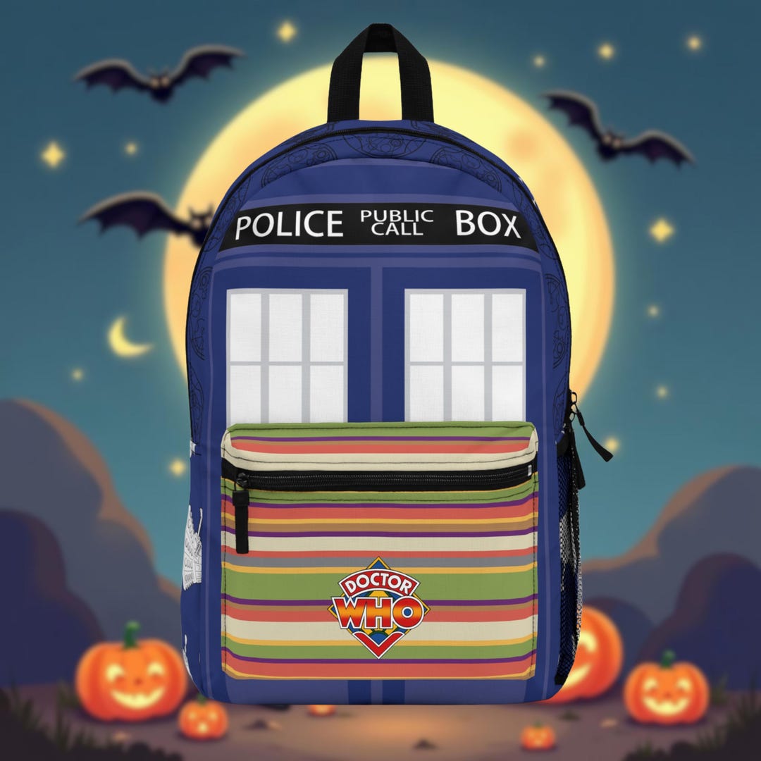 Doctor Who Backpack: Tom Baker Stripes, TARDIS Door, Sci-fi Villains - Etsy