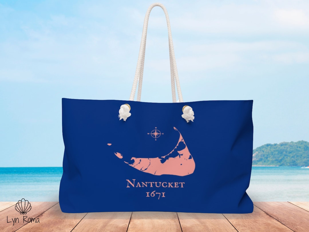 Blue and Nantucket Red Large Beach Bag. Rope Handle Tote Bag. Weekender ...