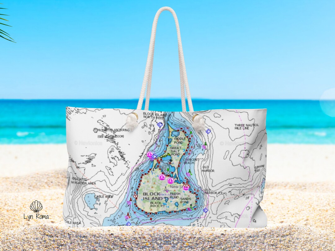 Block Island Beach Bag. Nautical Map. Rope Handle Tote Bag. 24" X 13 ...