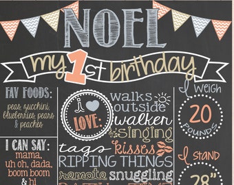 Chevron Pink First Birthday Chalkboard Poster Girl 1st | Etsy