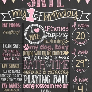 Chevron Pink and Gold First Birthday Chalkboard Poster Girl 1st ...