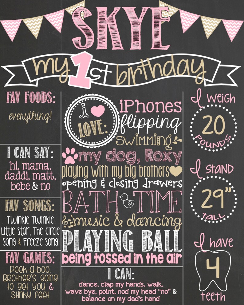 Chevron Pink and Gold First Birthday Chalkboard Poster Girl - Etsy