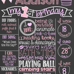 Chevron Pink and Purple First Birthday Chalkboard Poster Girl Birthday ...