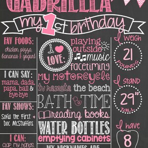 Chevron Pink First Birthday Chalkboard Poster Girl 1st Birthday Chalk ...