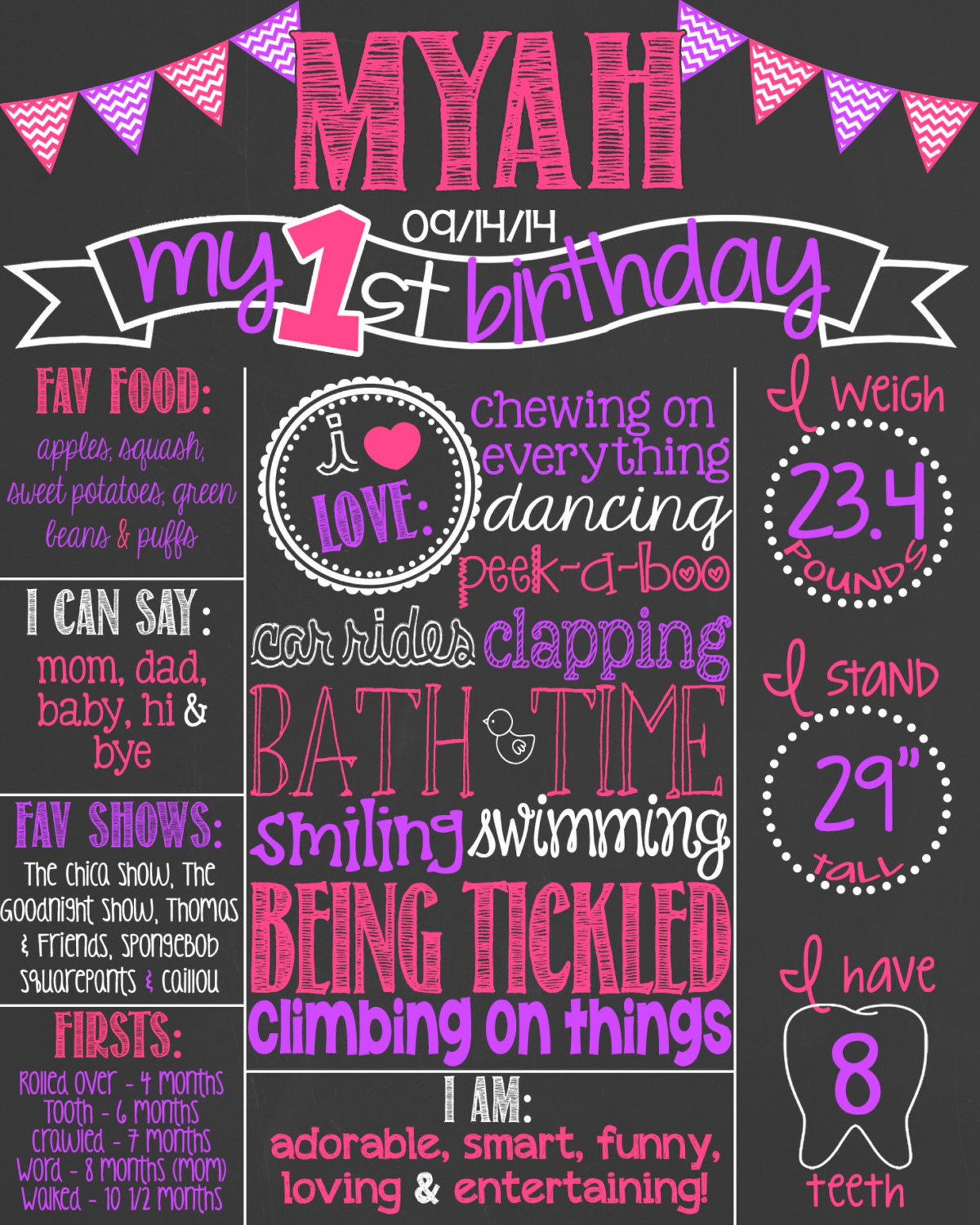 Chevron Pink and Purple First Birthday Chalkboard Poster 1st - Etsy