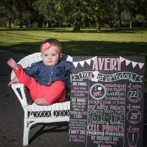 Chevron Light Pink and Green First Birthday Chalkboard Poster Girl 1st ...