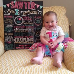 Pink, Teal and Gold First Birthday Chalkboard Poster Girl 1st Birthday ...