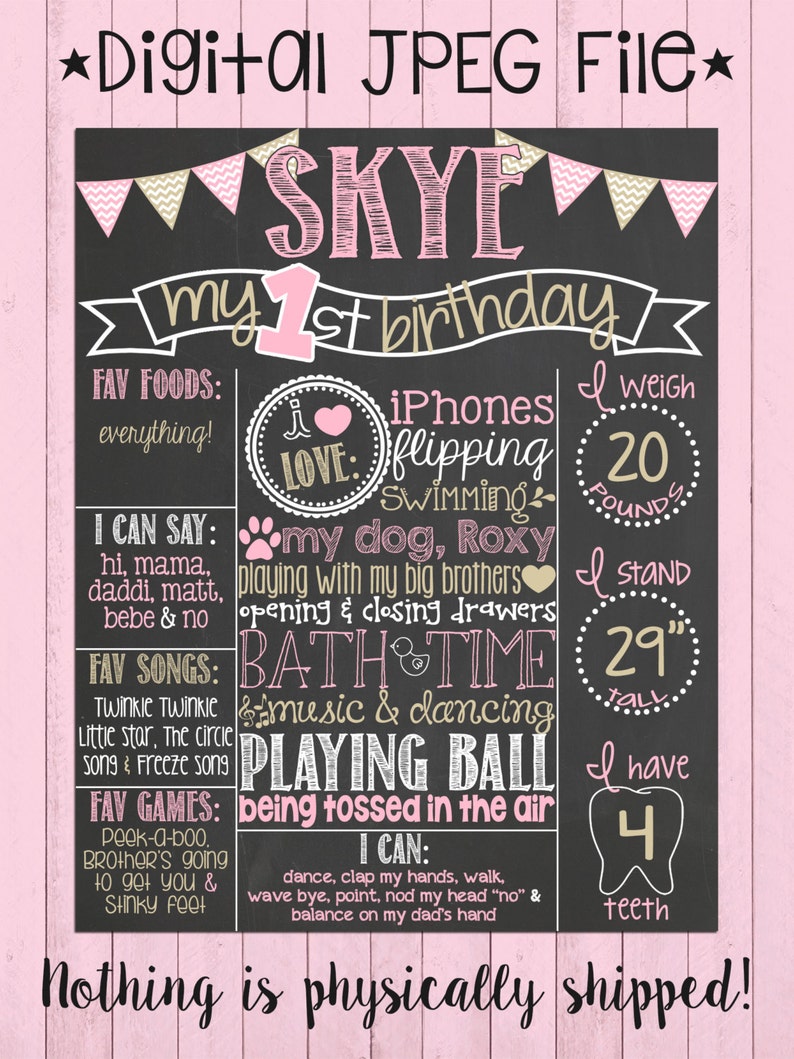 Chevron Pink and Gold First Birthday Chalkboard Poster Girl - Etsy