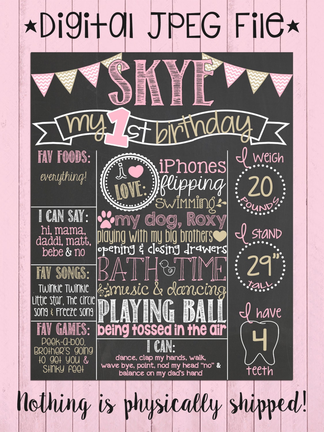 Chevron Pink and Gold First Birthday Chalkboard Poster Girl | Etsy