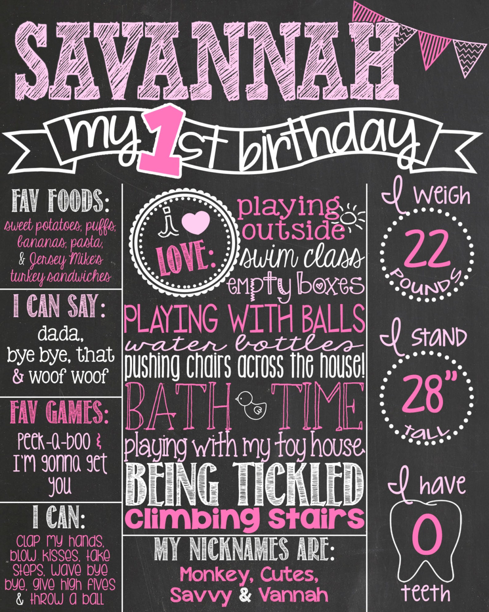 Chevron Pink First Birthday Chalkboard Poster Girl Birthday | Etsy