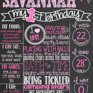 Chevron Pink First Birthday Chalkboard Poster Girl Birthday Chalkboard ...