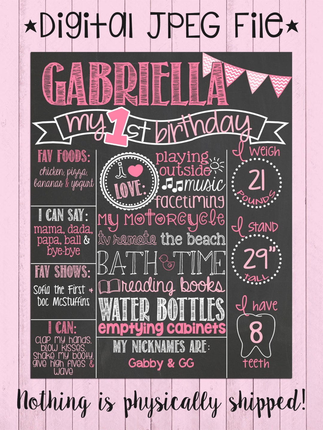 Chevron Pink First Birthday Chalkboard Poster Girl 1st Birthday Chalk ...