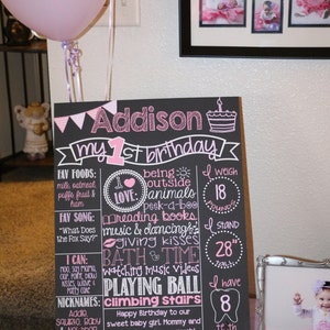Chevron Pink and Purple First Birthday Chalkboard Poster Girl Birthday ...