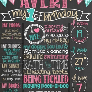 Pink, Teal and Gold First Birthday Chalkboard Poster Girl 1st Birthday ...