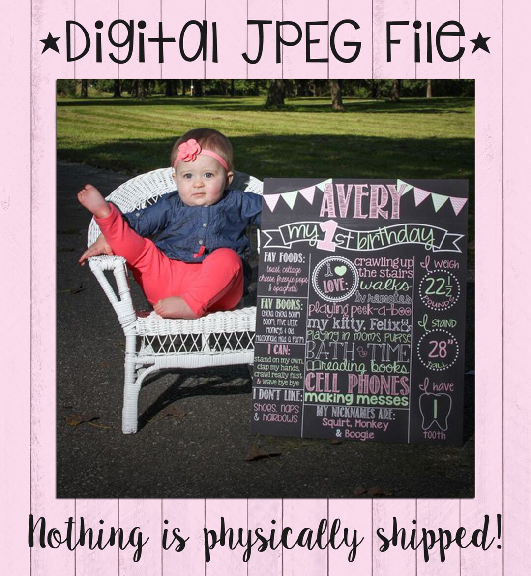 Chevron Light Pink and Green First Birthday Chalkboard Poster Girl 1st ...