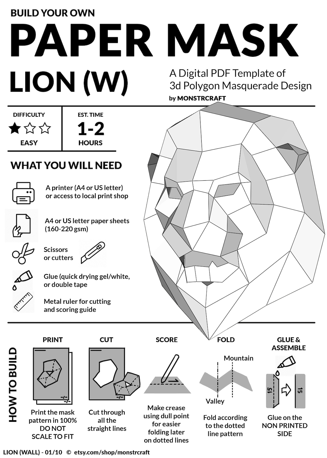 Lion Head Paper Craft Wall Decor Digital Files Printable PDF | Etsy India