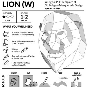 Lion Head Paper Craft Wall Decor, Digital Files Printable PDF Template ...