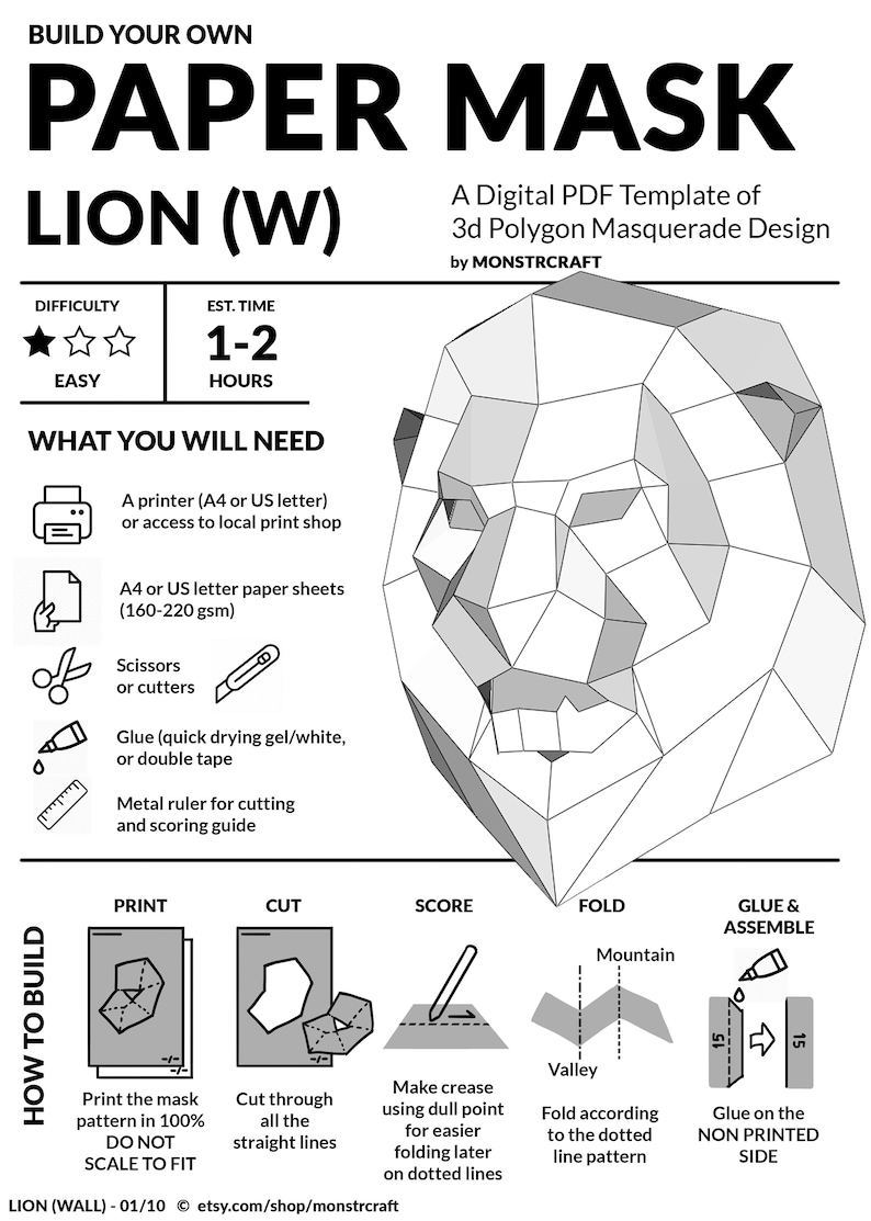 Lion Head Paper Craft Wall Decor, Digital Files Printable PDF Template ...