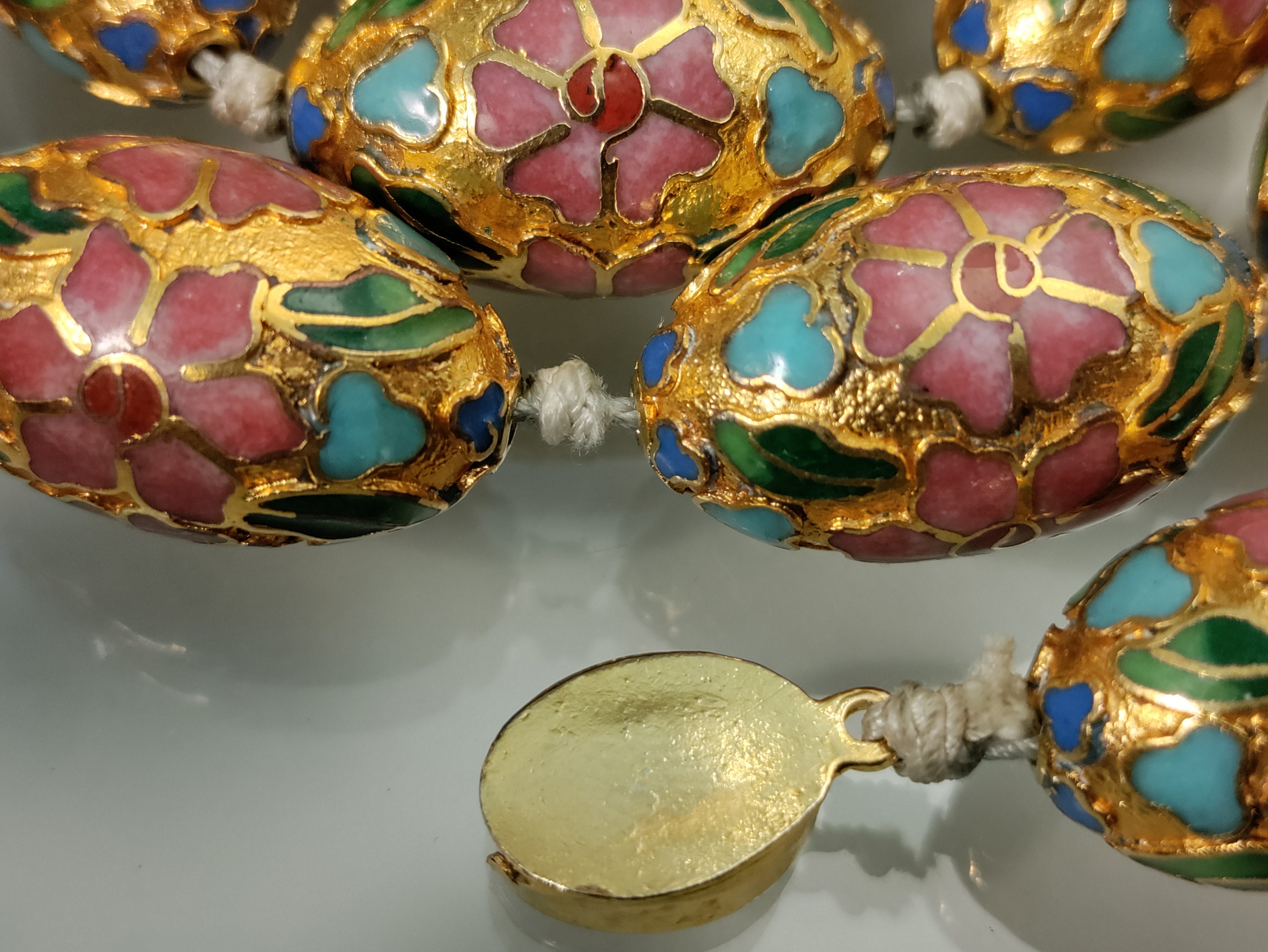 26.5 Gold Champleve Cloisonne Hand Painted Floral Pattern Bead Necklace ...