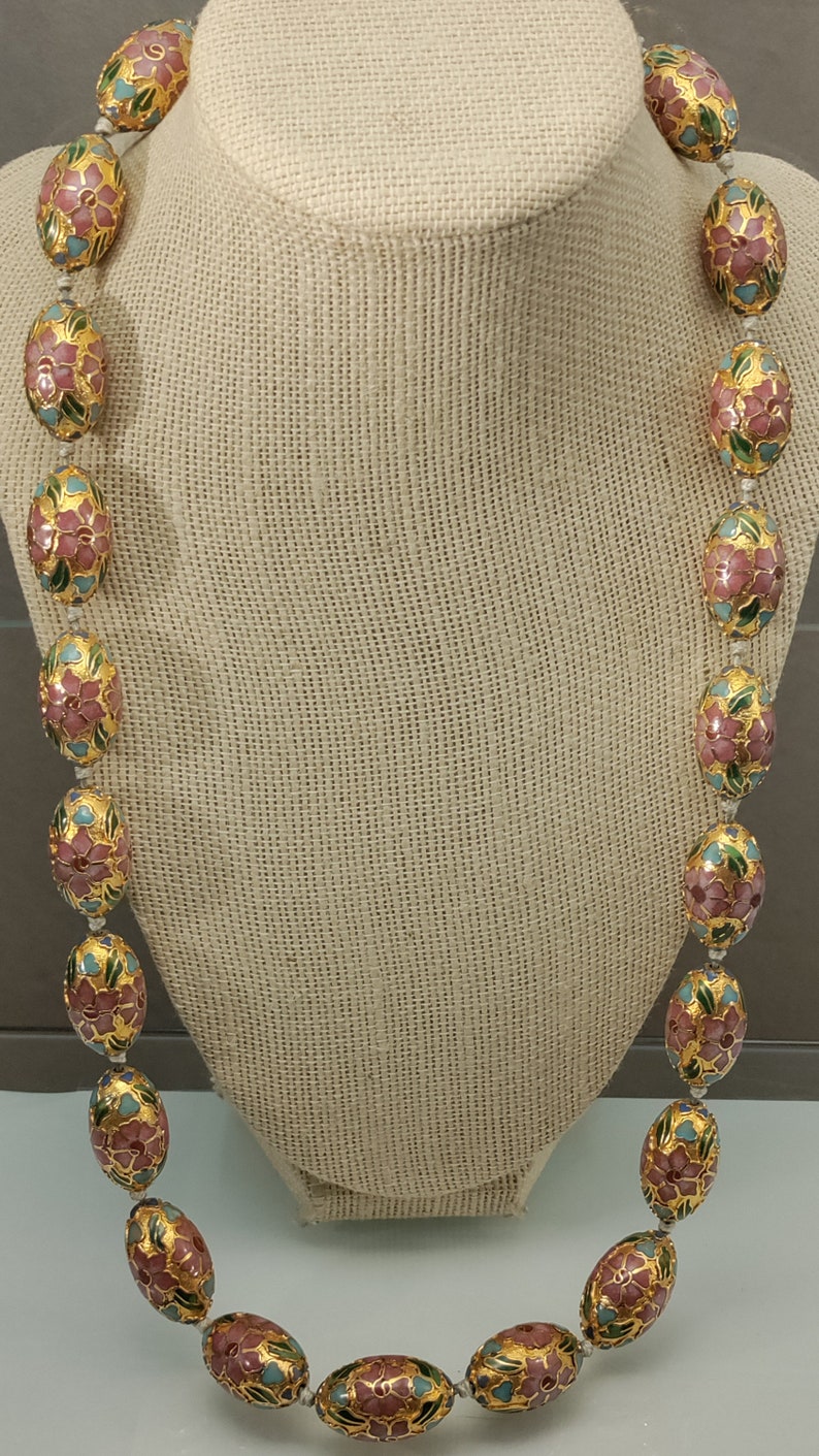 26.5 Gold Champleve Cloisonne Hand Painted Floral Pattern Bead Necklace ...