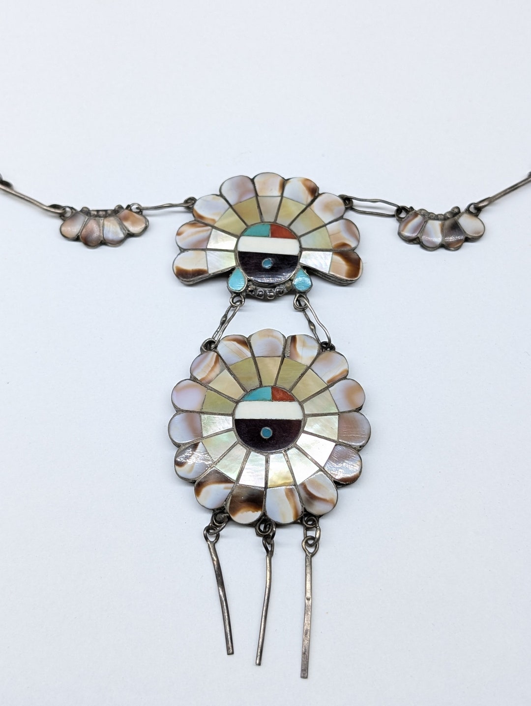 Zuni Sun Face Semi-precious Inlay Necklace Spiney Oyster M.O.P. Coral ...