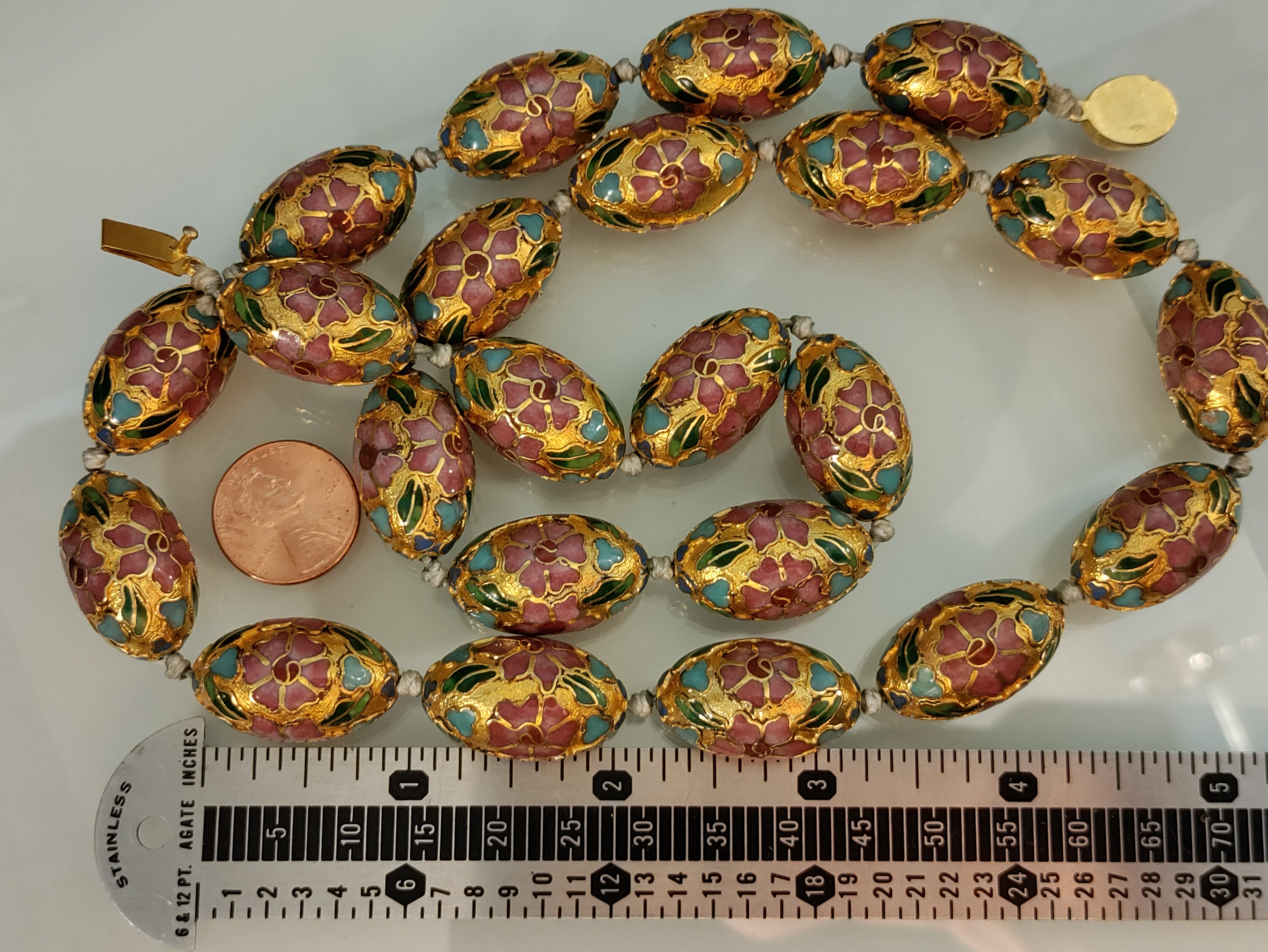26.5 Gold Champleve Cloisonne Hand Painted Floral Pattern Bead Necklace ...