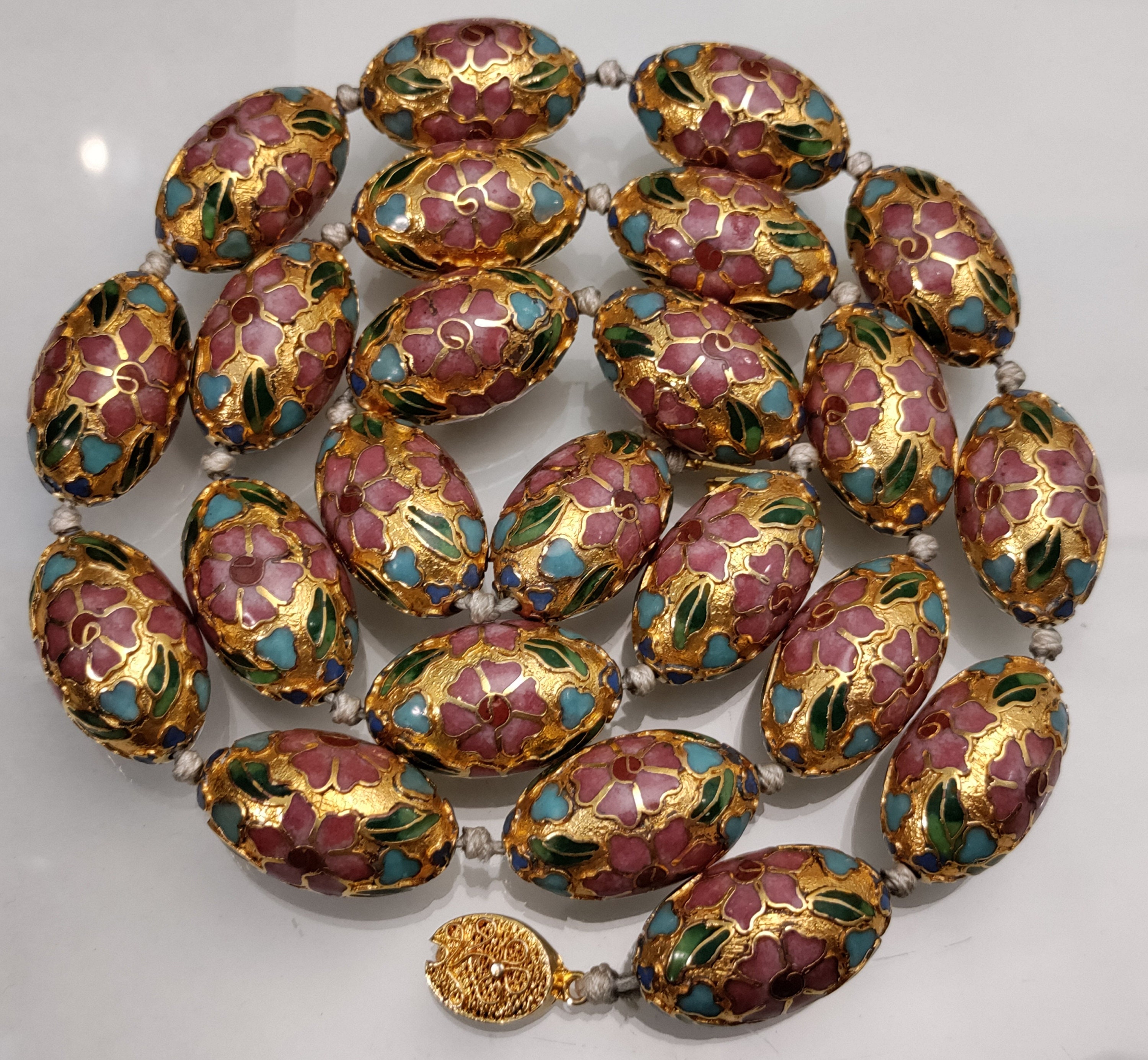 26.5 Gold Champleve Cloisonne Hand Painted Floral Pattern Bead Necklace ...
