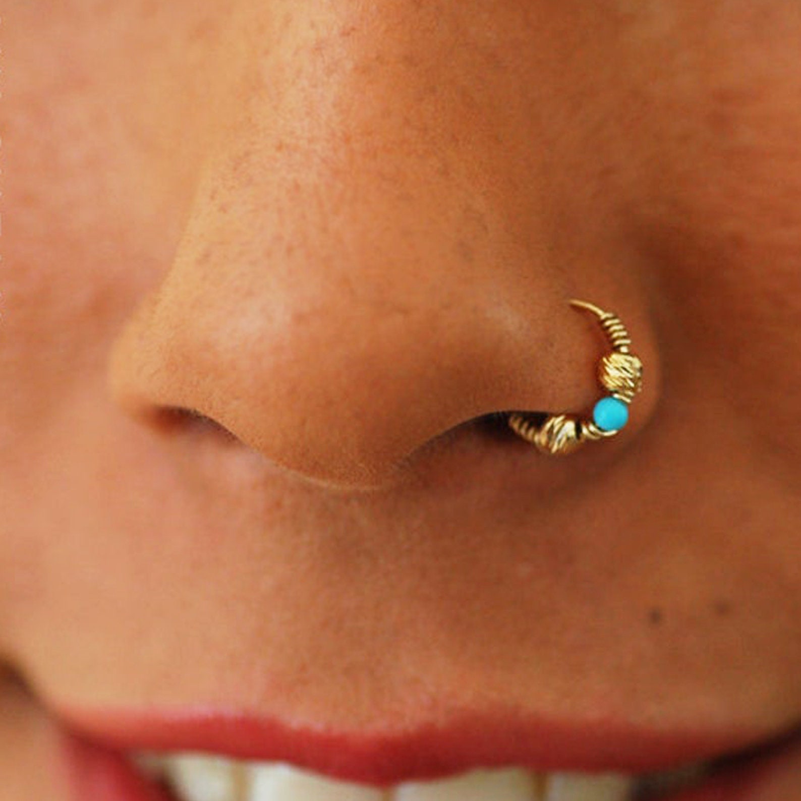 Turquoise Nose Ring Snug Tiny Hoop Nose Ring Hoop Thin Nose | Etsy