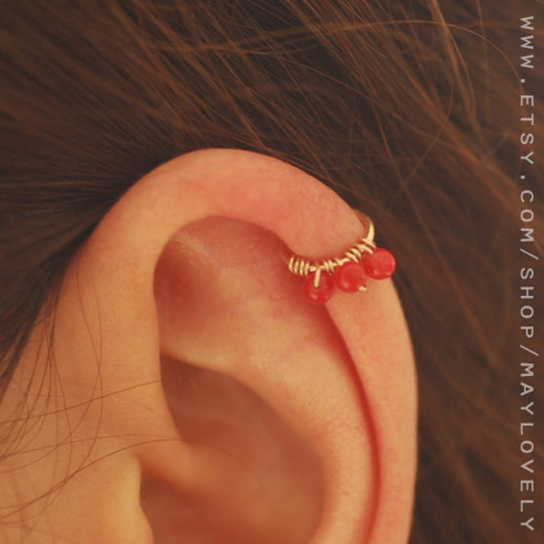Gold Red Nose Ring Wire Wrapped Hoop Cartilage Hoop Coral Gold Helix ...