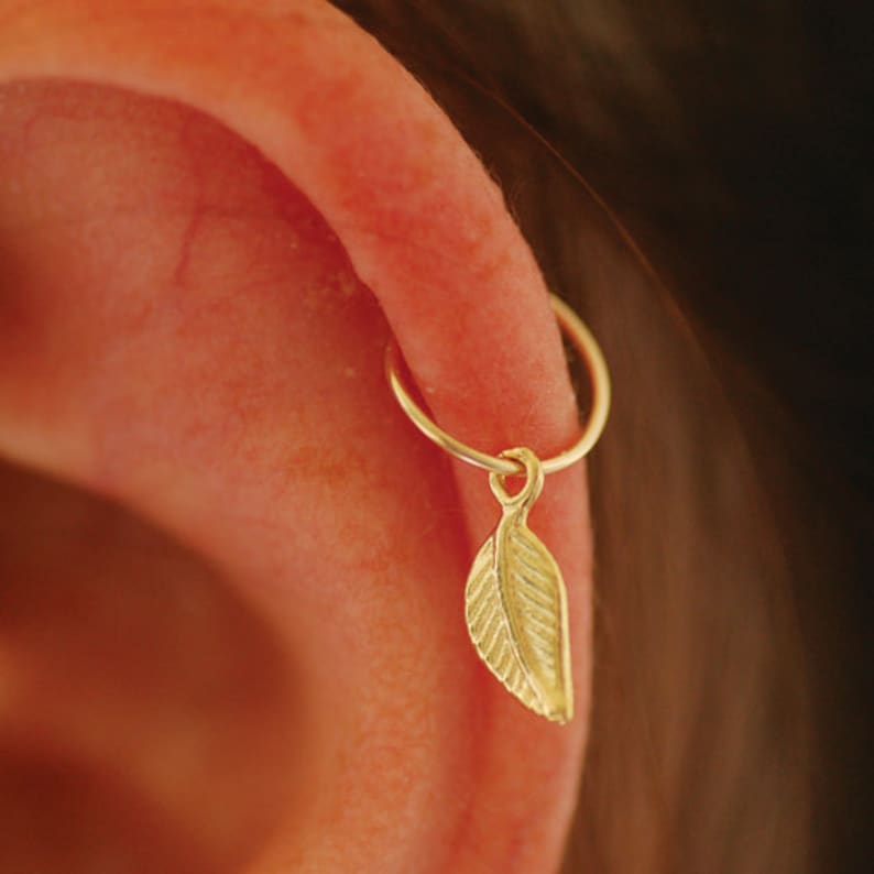 Tiny Cartilage Earring, Tiny Leaf Gold Hoop, Gold Cartilage Hoop ...