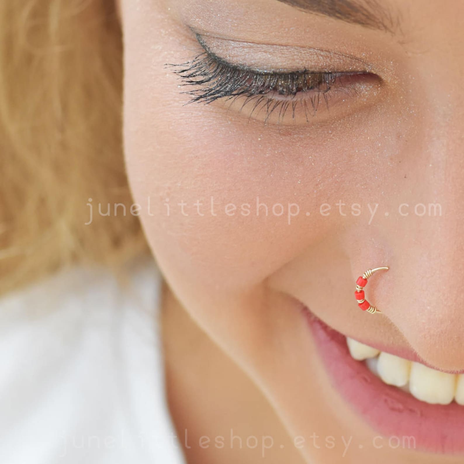 Nose Hoopred Gold Nose Ringbeaded Nose Hoophoop Earring - Etsy