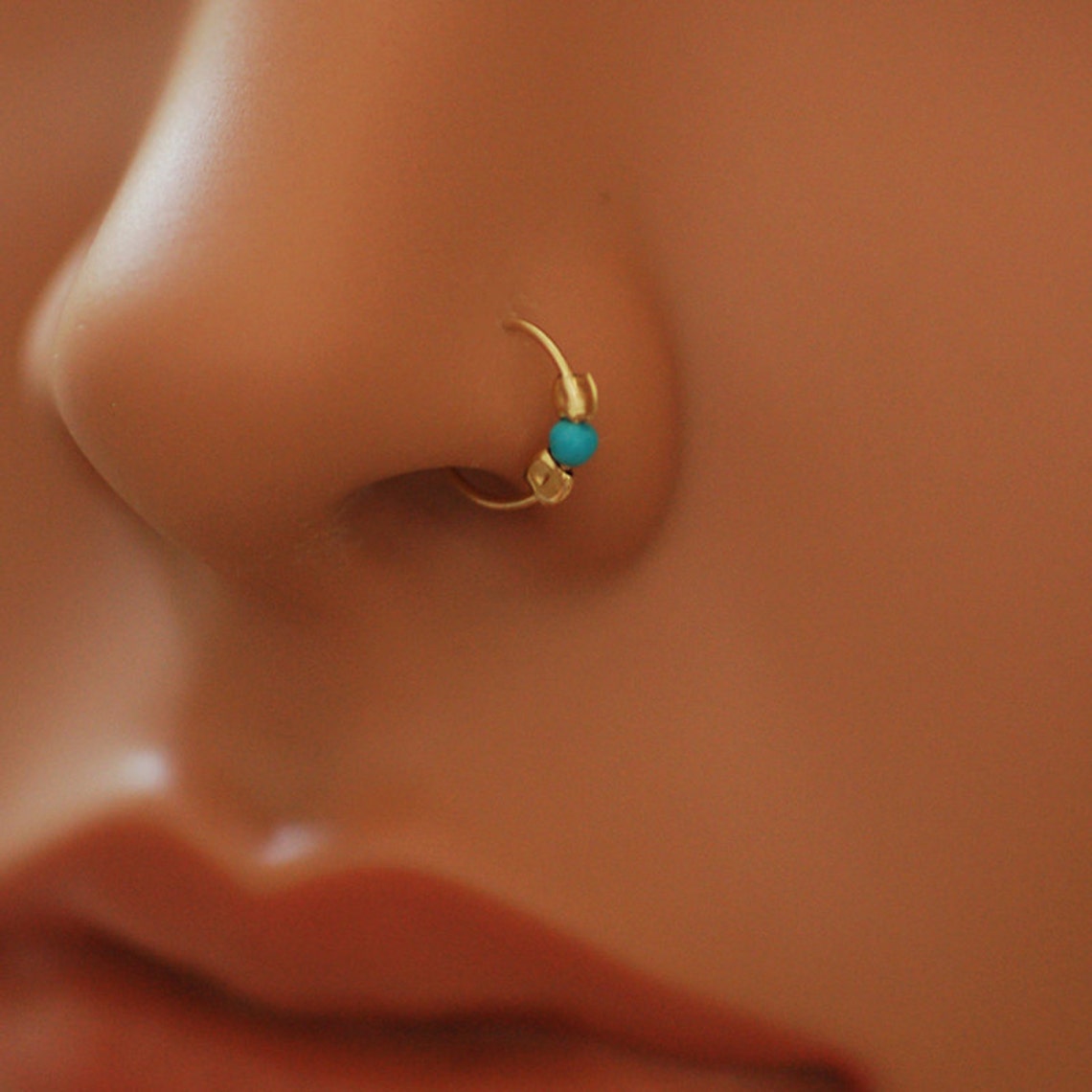 Tiny Fake Nose Ring, Non Pierced Nose Hoop, Turquoise and Gold Non ...