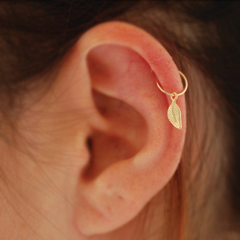 Tiny Cartilage Earring, Tiny Leaf Gold Hoop, Gold Cartilage Hoop ...